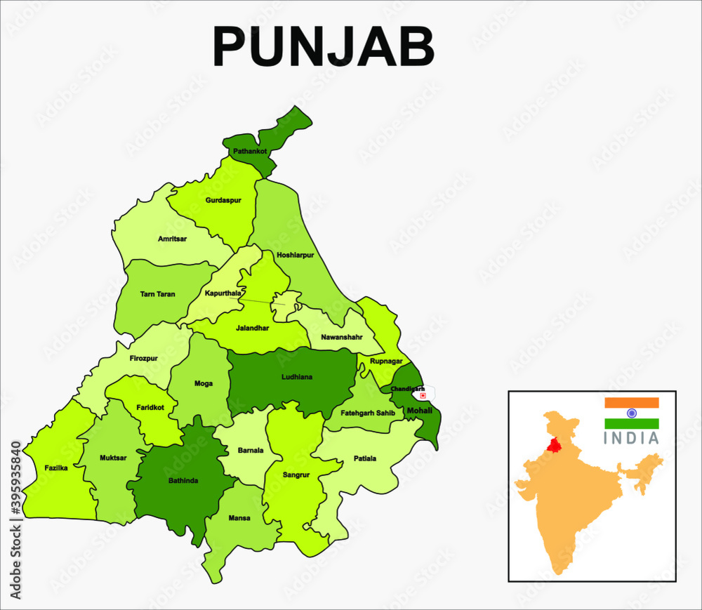 Punjab map. Political and administrative map of Punjab with districts ...