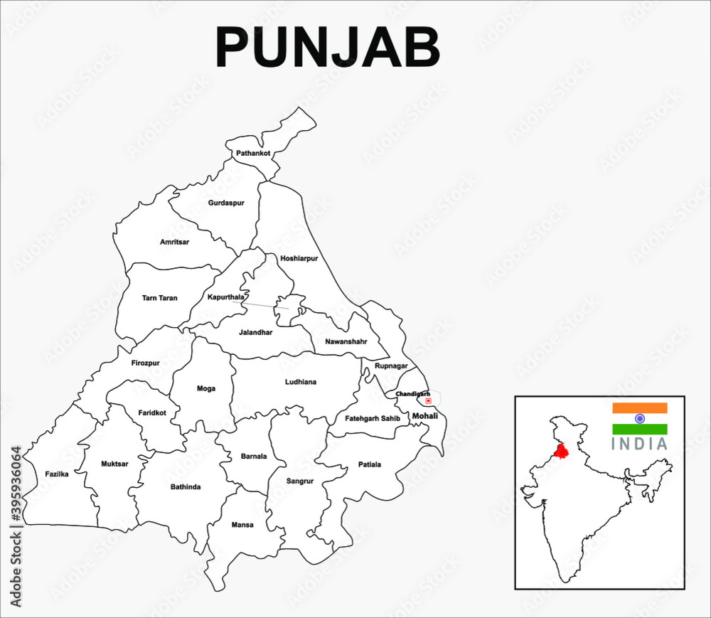 Punjab map. Political and administrative map of Punjab with districts ...