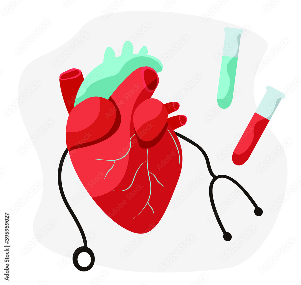 Anatomical Heart in Laboratory with Test Tubes. Heart Beating.Listens ...