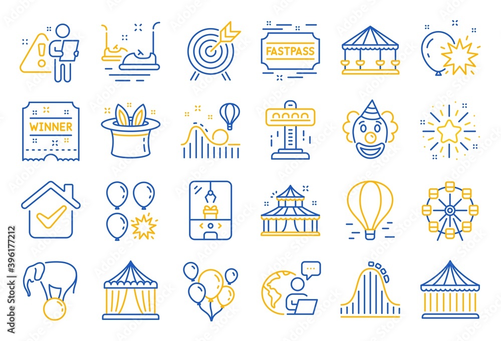 Amusement park line icons. Set of Carousel, Roller coaster and Circus icons. Air balloon, Crane ...