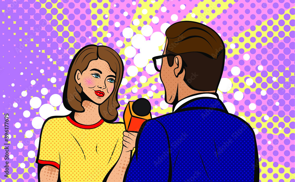 Beautiful girl interviews, journalist with microphone. Vector ...