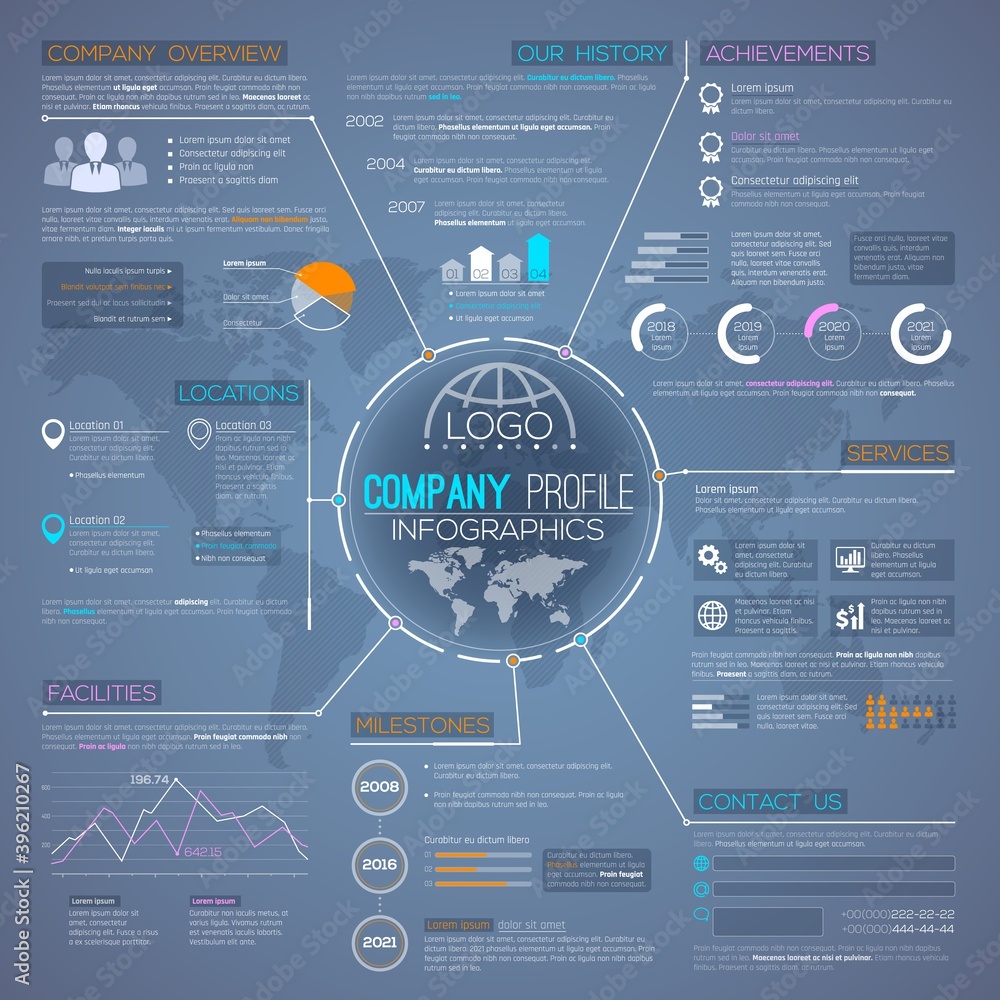 Company profile overview infographics vector template with business ...