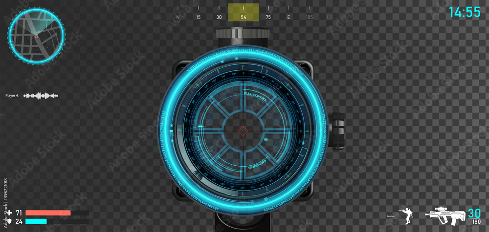 First person shooter layout, sniper scope with hologram hood and game ...