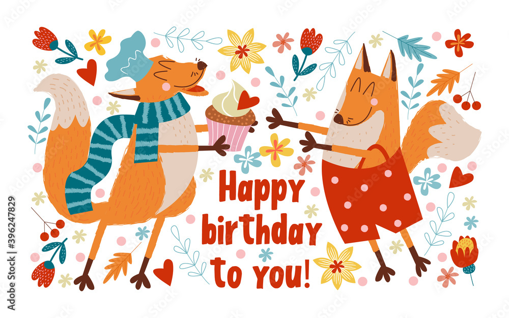 Happy Birthday. Vector illustration with cute loving foxes. Stock ...