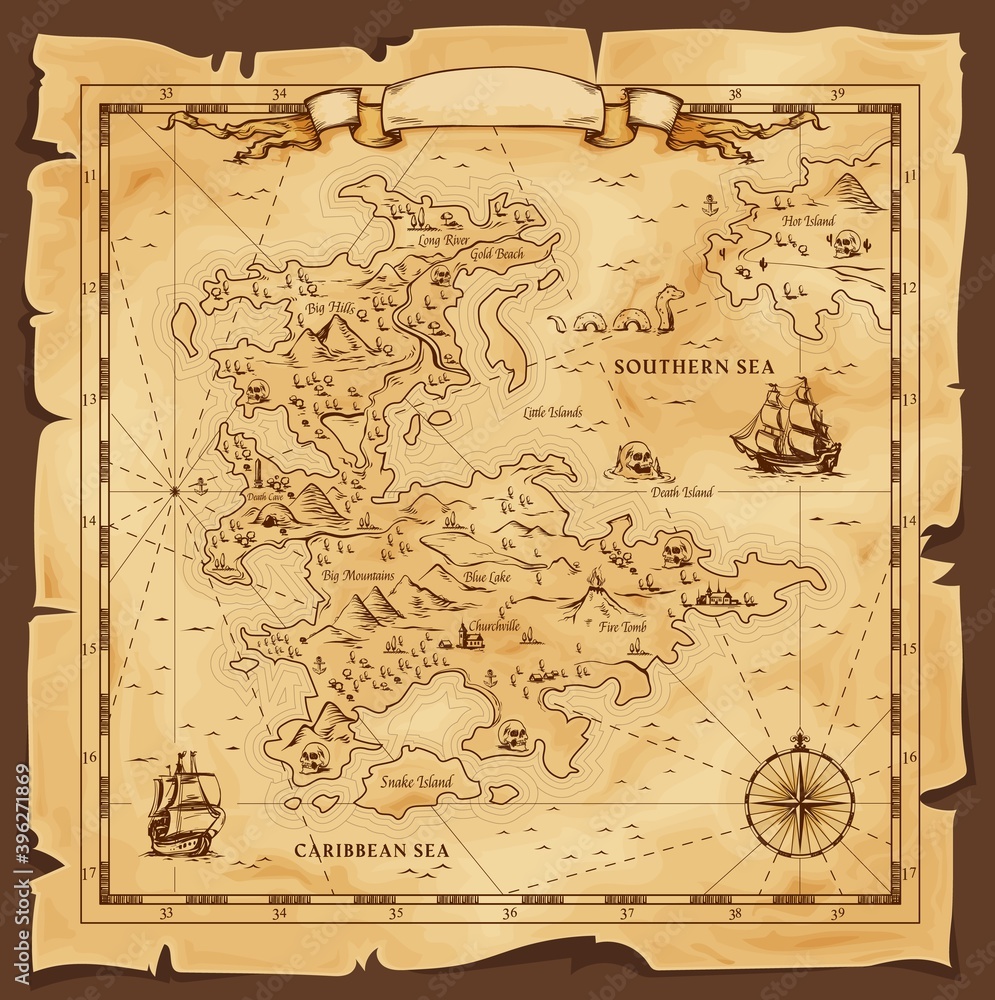 Old map, vector worn parchment with caribbean and southern sea, ships ...