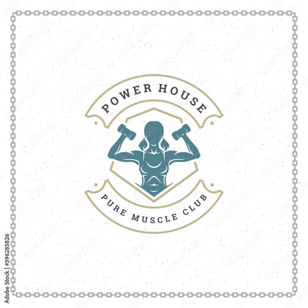 Bodybuilder woman logo or badge vector illustration, female lifting ...
