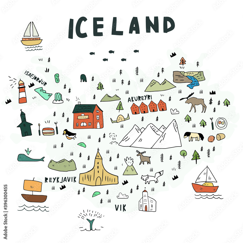 cartoon map of Iceland in hand drawn modern style vector illustration ...