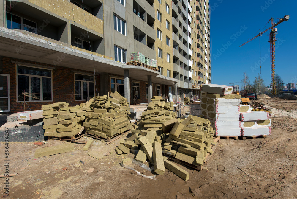 External insulation for the walls of the house. Construction site ...