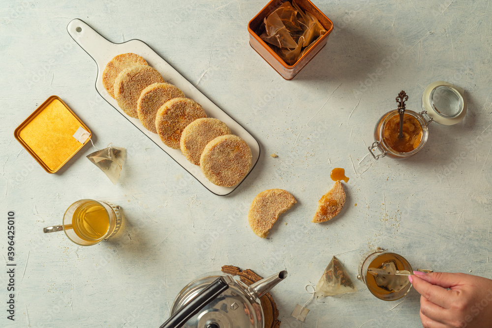 Moroccan Harcha Semolina pan fried. Flatbread served with honey or ...
