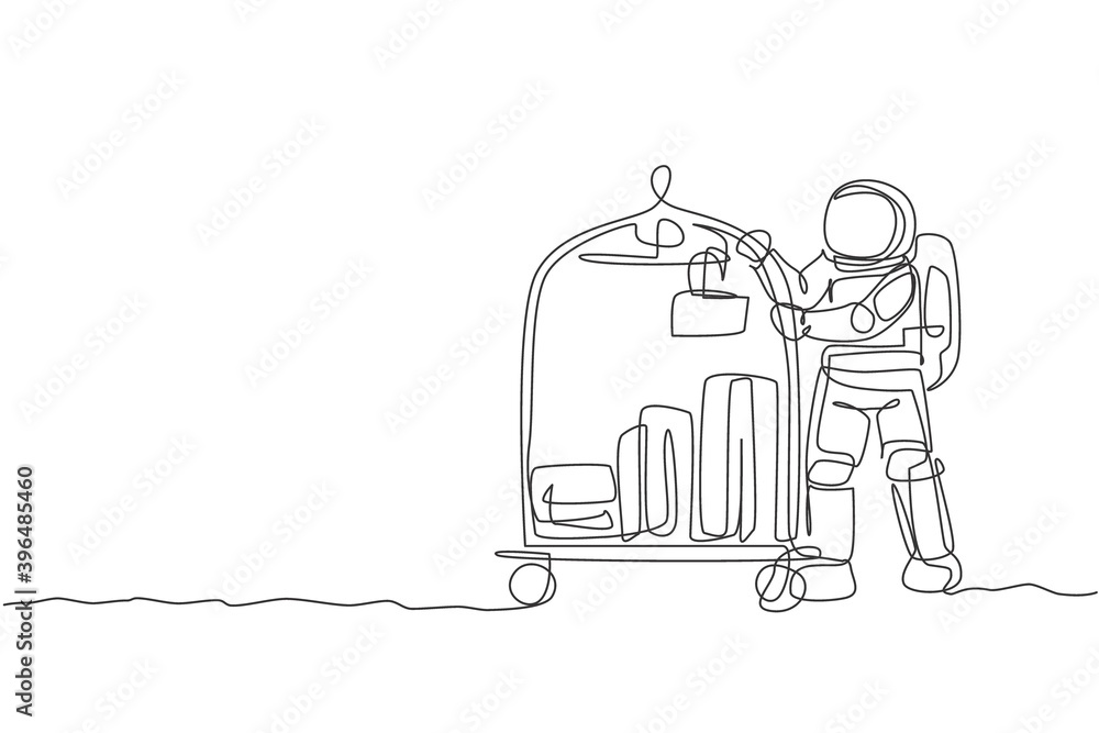 One single line drawing of young room boy astronaut pushing luggage ...
