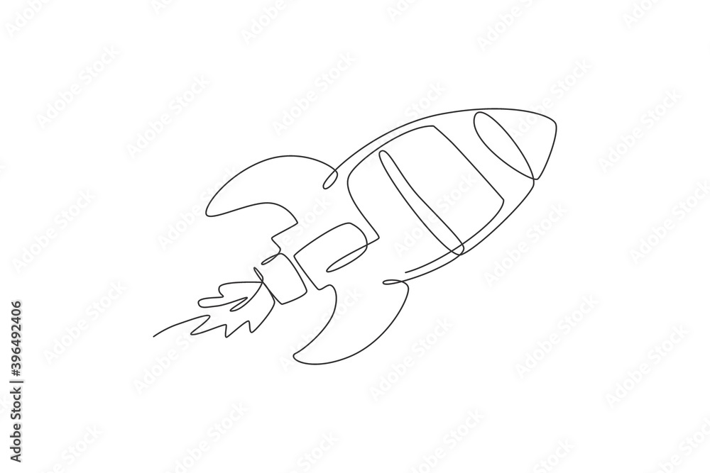 One single line drawing of simple vintage rocket takes off into the ...