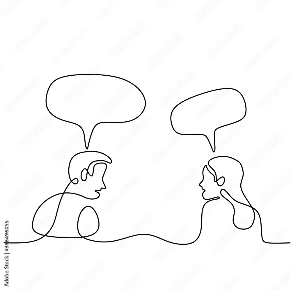 Continuous line drawing of man and woman having conversation with ...