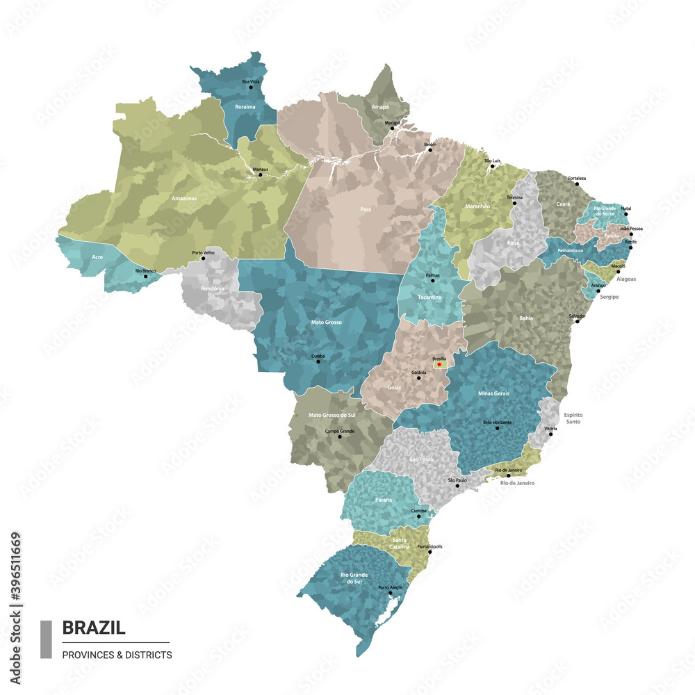 Brazil higt detailed map with subdivisions. Administrative map of ...
