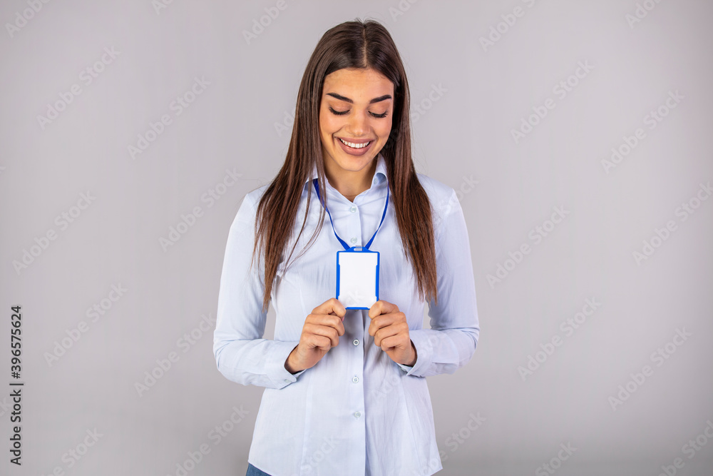 Businesswoman with blank business card. Badge identification id card ...