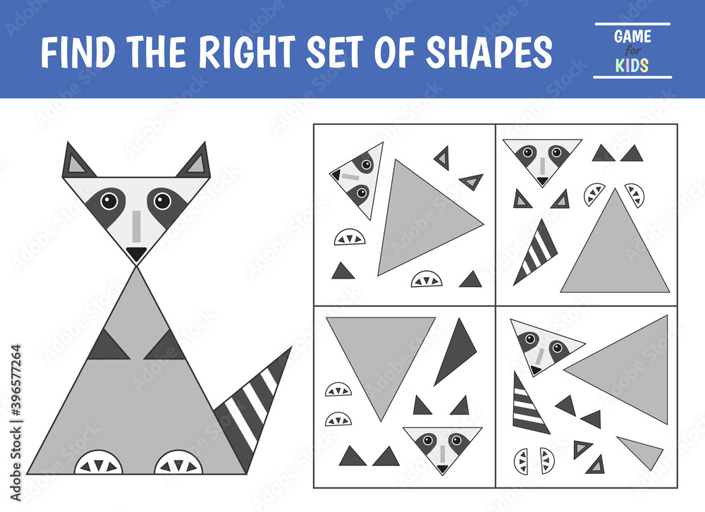 Educational game for kids. Geometrical figure Raccoon. Find the correct ...