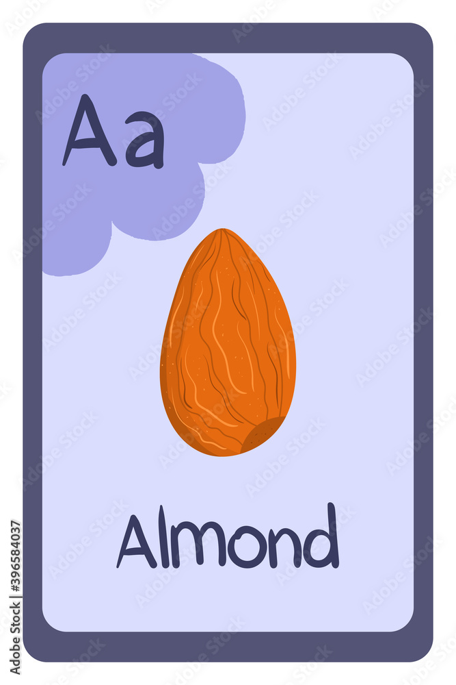 Colorful alphabet letter A - almond. Phonics flashcard. Food themed ABC ...