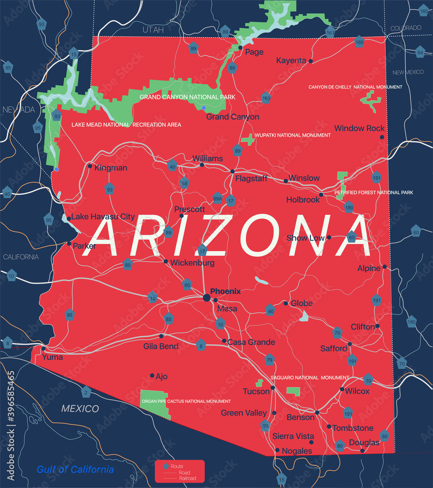 Arizona state detailed editable map with with cities and towns ...