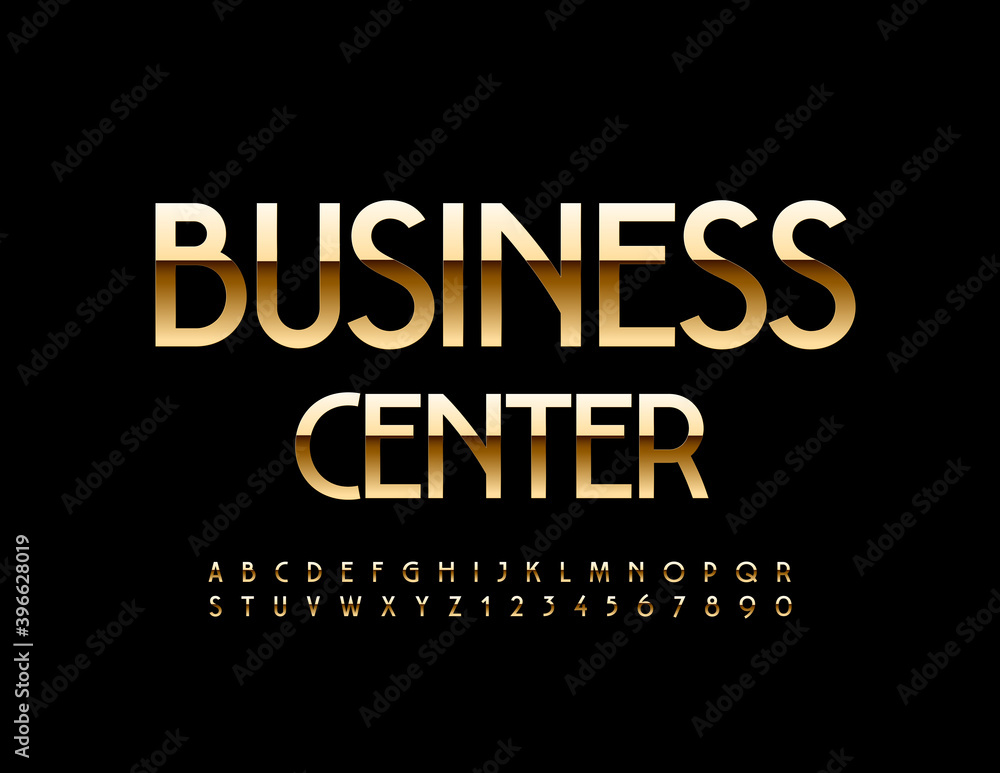Vector elite banner Business Center. Premium shiny Font. Gold Alphabet ...
