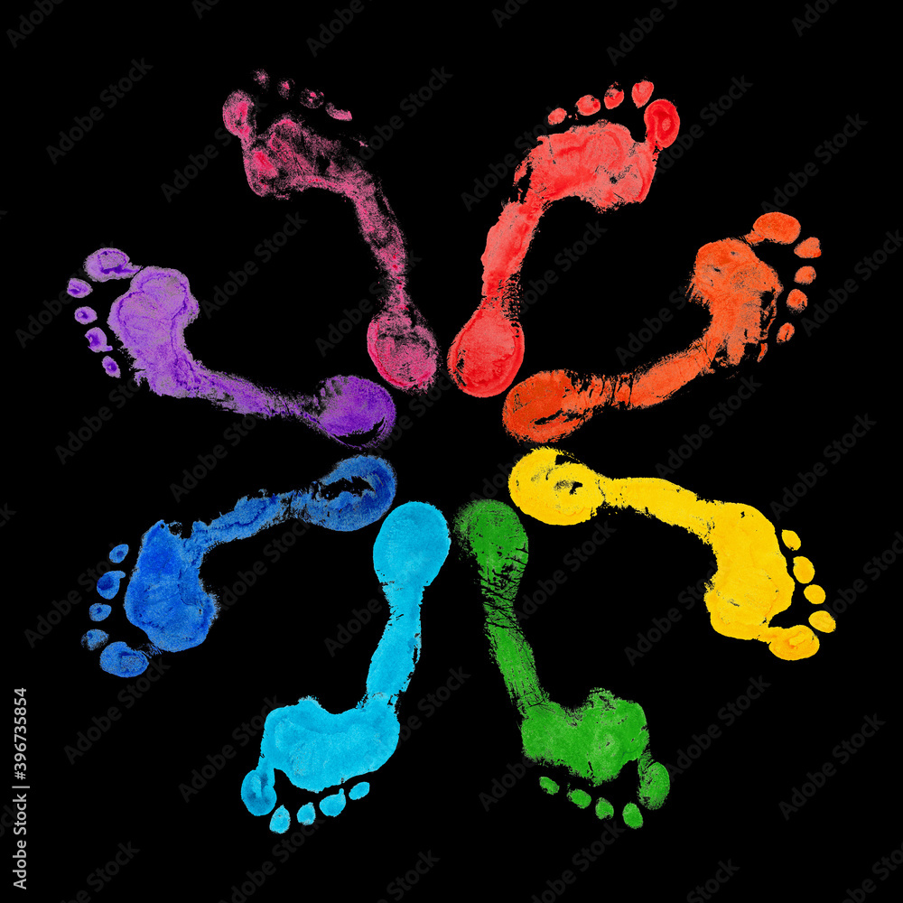 Rainbow color human footprints circle black background isolated ...