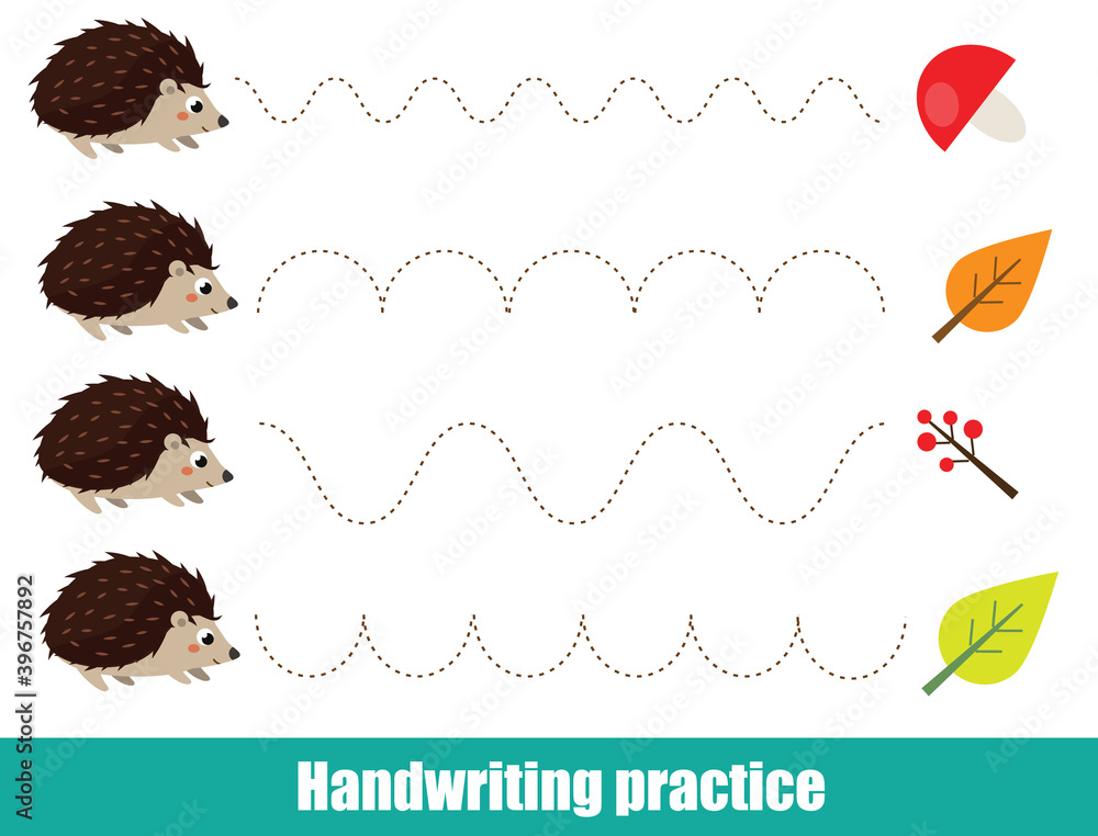 Forest hedgehog. Handwriting practice sheet. Educational children game ...