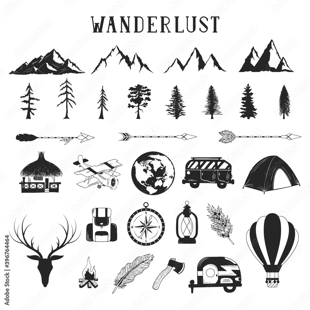 Hand drawn Wanderlust icons with pine trees, tents, globe, airplane ...
