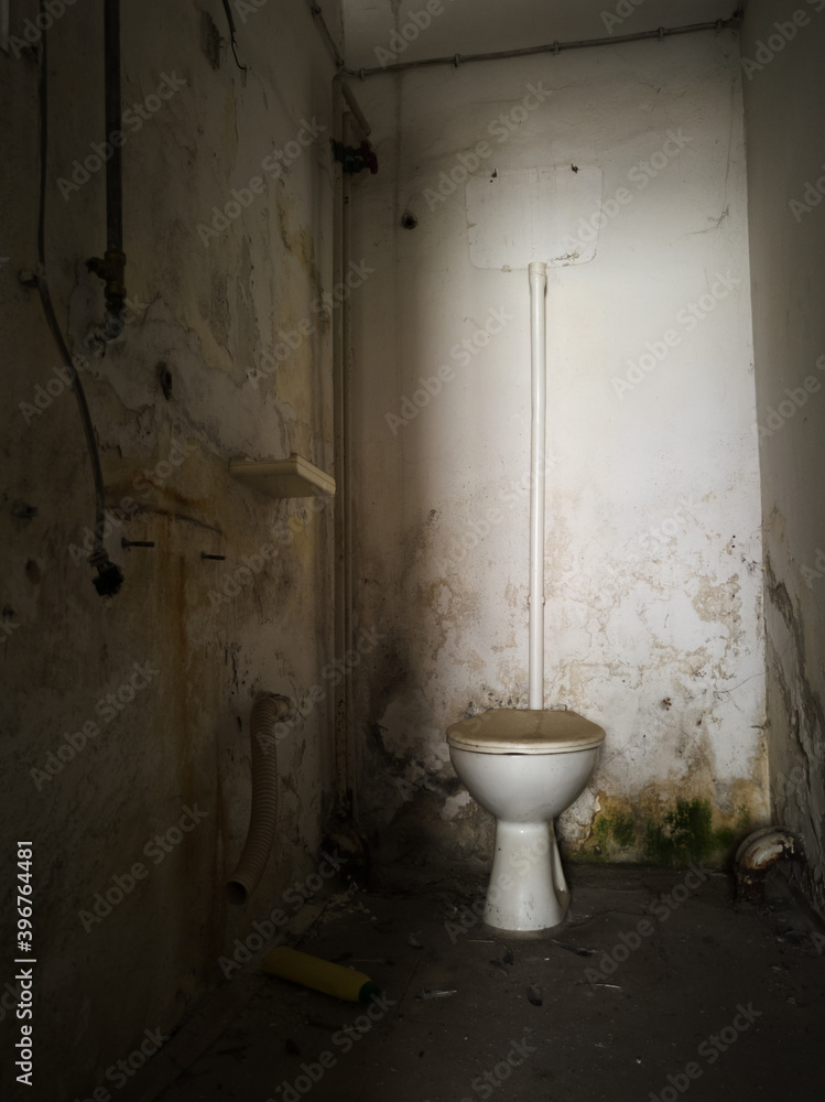 Detail from messy interior of abandoned building. Restroom with mold ...
