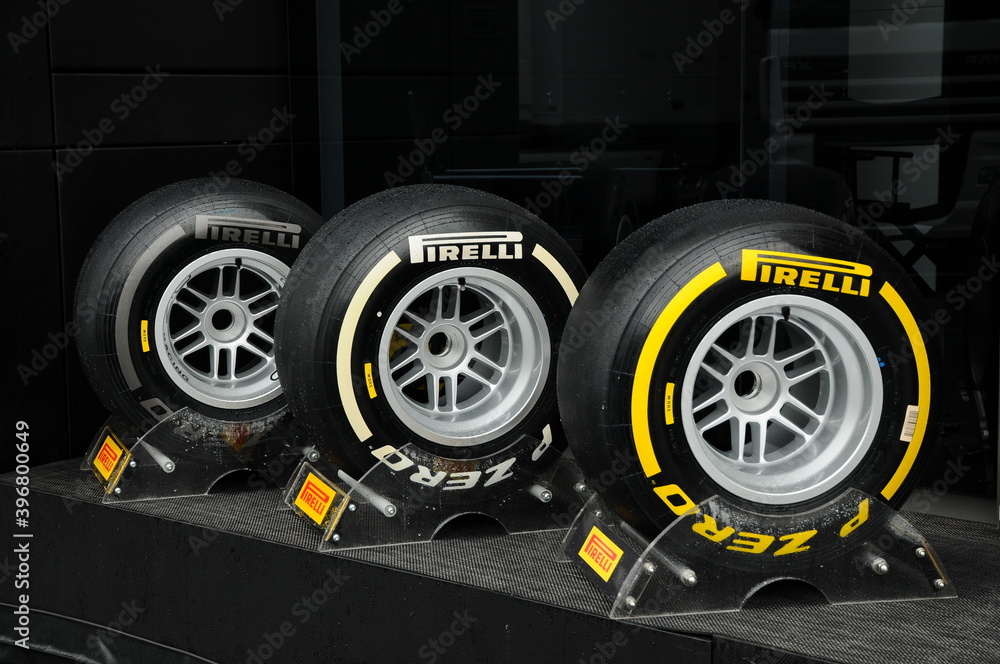 MUGELLO, ITALY - MAY 2012: Pirelli Formula One Tires on display in the ...