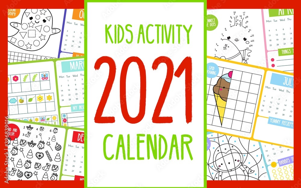Kids activity calendar. 2021 annual calendar with educational games for ...