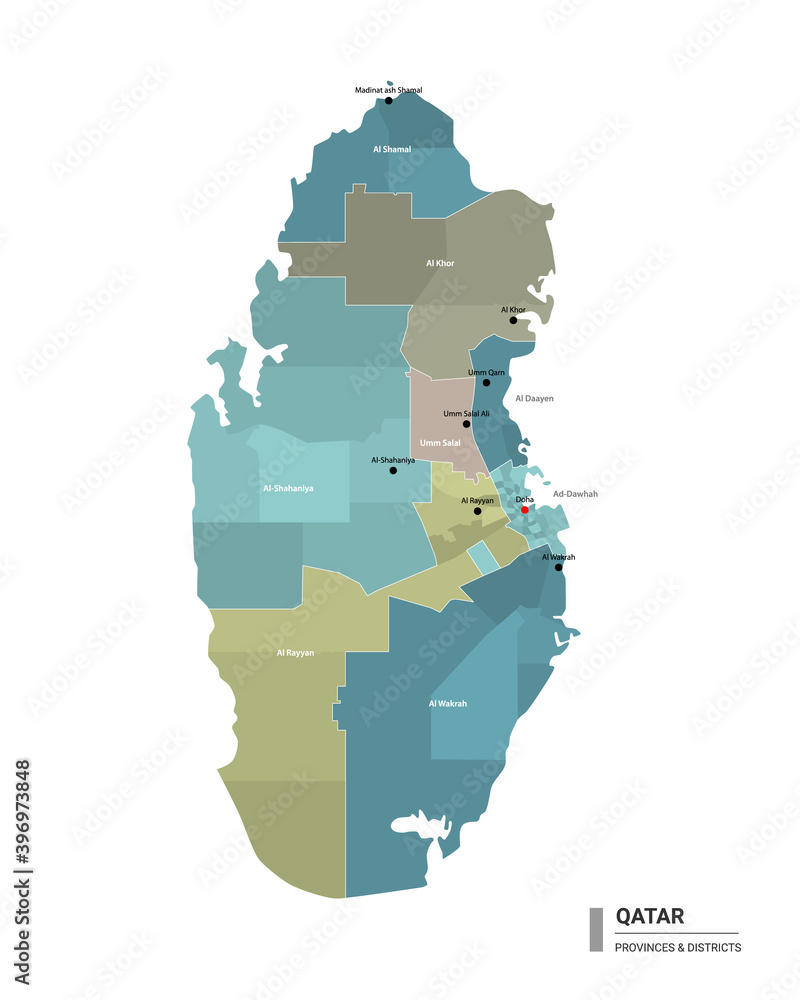 Stock-Vektorgrafik „Qatar higt detailed map with subdivisions. Administrative map of Qatar with ...