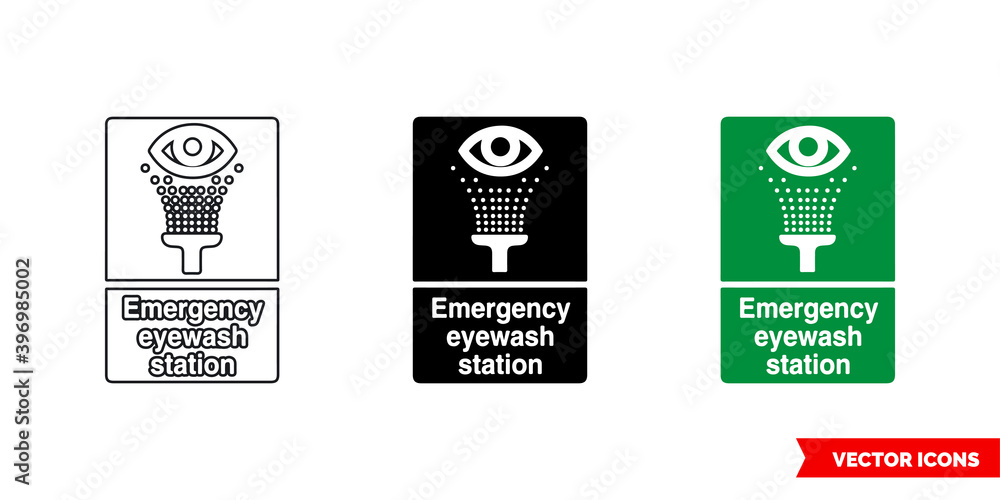 Emergency eyewash station sign icon of 3 types color, black and white ...