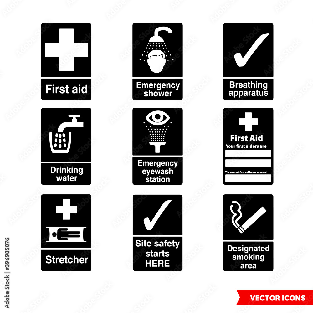 First aid and safe condition signs icon set of black and white types ...