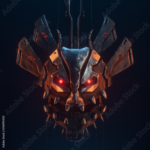 3d illustration of scary futuristic cyborg head with teeth, luminous ...