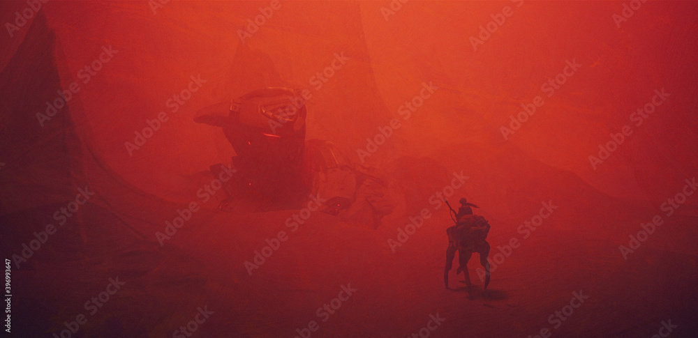 Digital painting of windy red desert surface of mars. Rider on creature ...