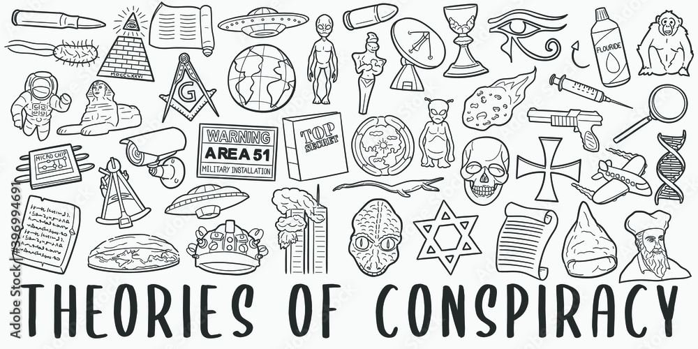 Theories of Conspiracy, doodle icon set. Style Vector illustration ...