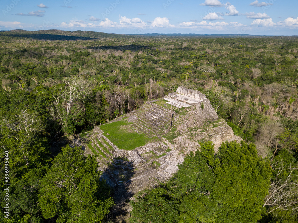 Ariel view of Ichkabal pyramid. Mayan archeological site. Hidden ...