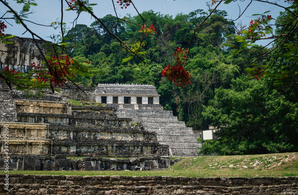 Temple of the inscriptions and palace at the archaeological Mayan site ...
