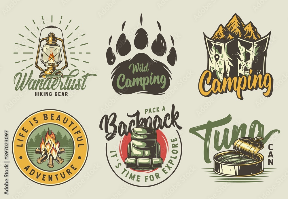 Set of camping and travel emblems or print, patch, including bear ...