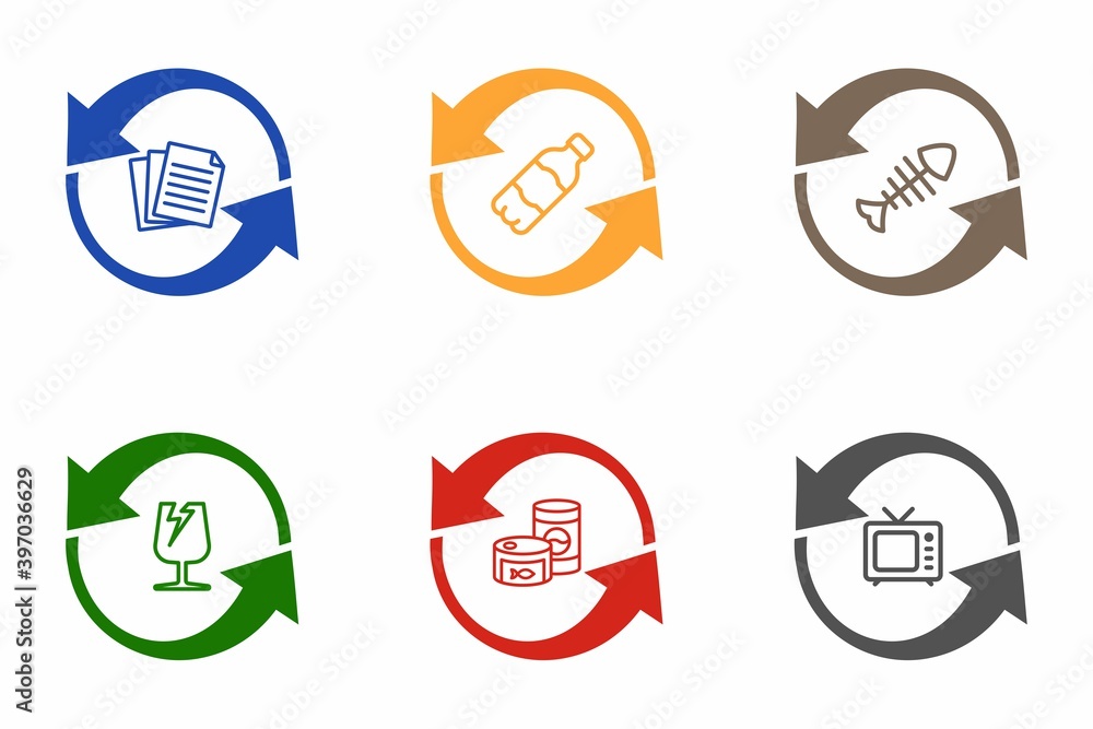 Different colored signs for separate recycling. Selective waste ...