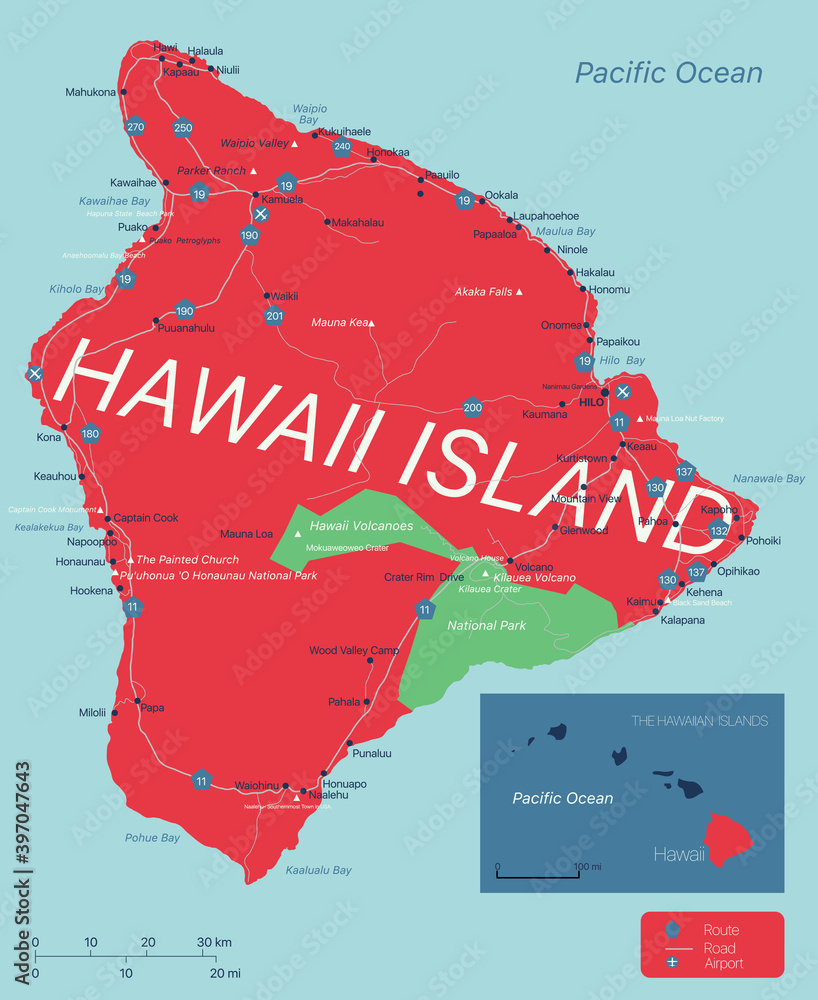 Big Hawaii island detailed editable map with with cities and towns ...