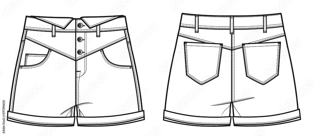 woman fashion design short CAD technical flat drawing illustration ...