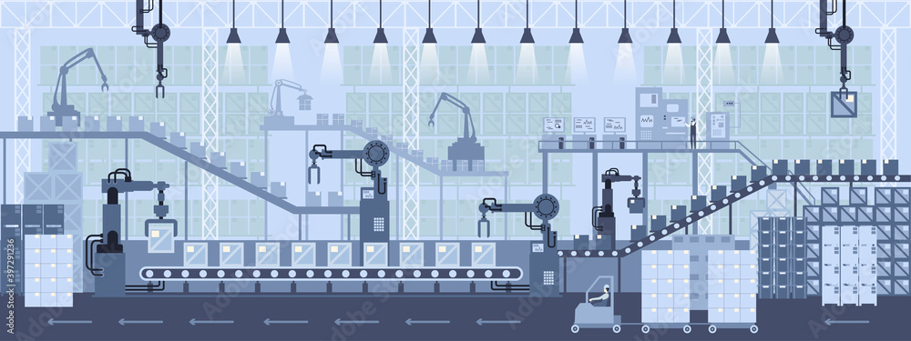 Creative vector illustration of factory line. Manufacturing industrial ...