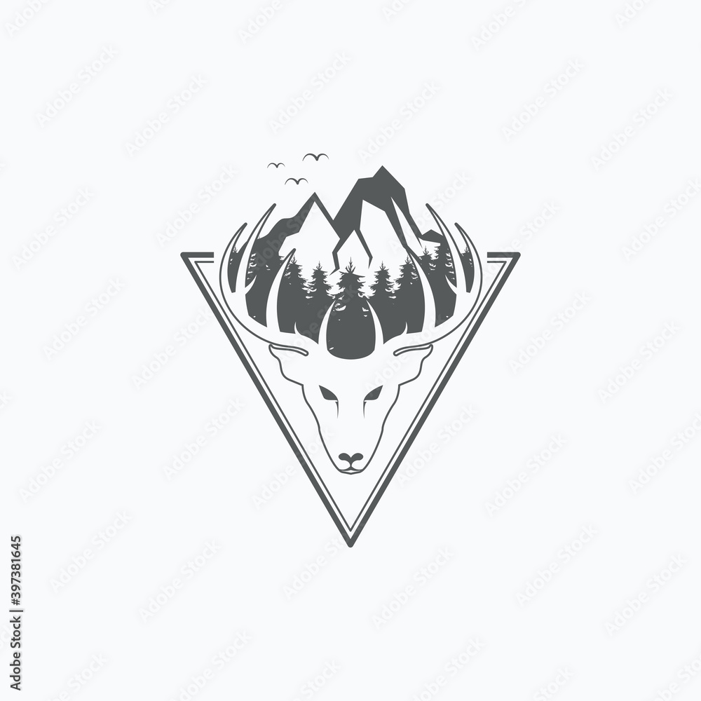 Vector illustration of deer head, forest, mountain and birds in a ...