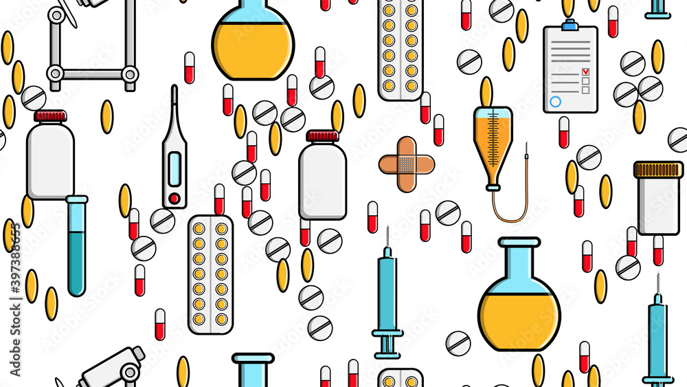 Seamless pattern texture of medicine items icons pricks pills pipettes ...