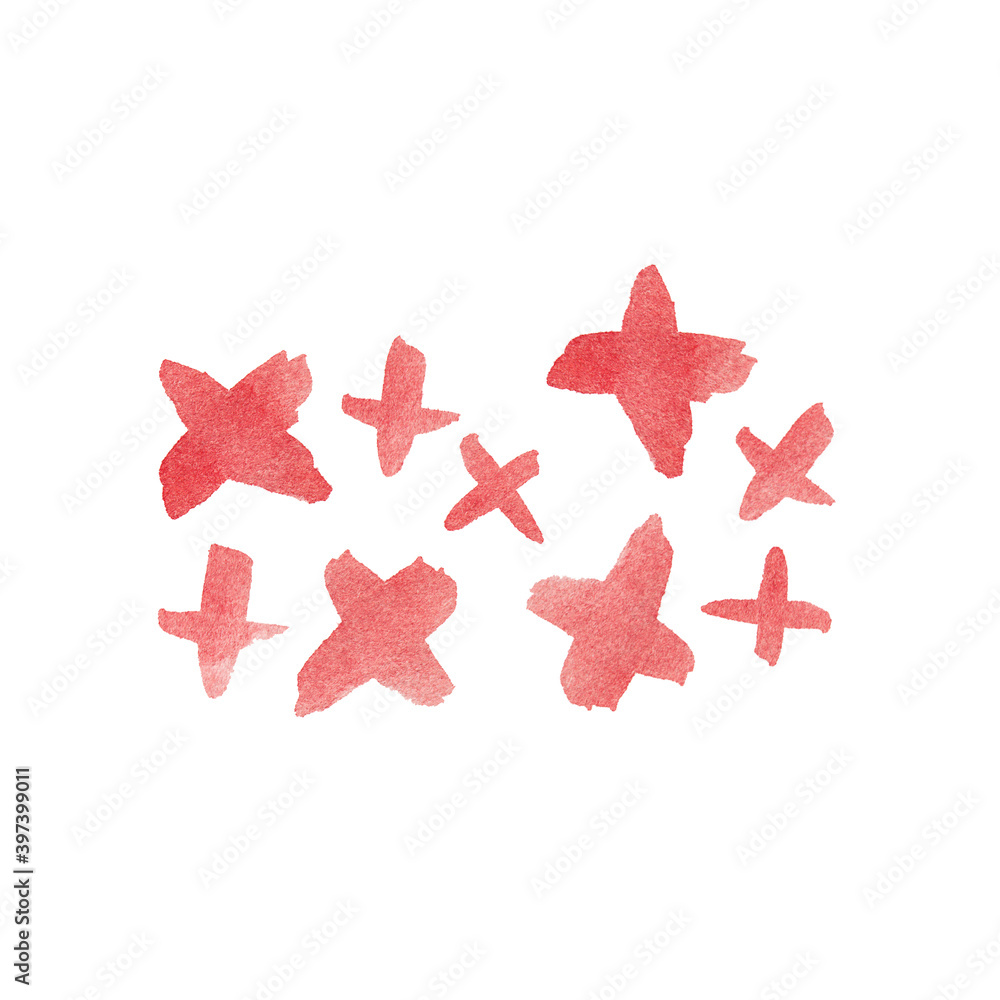 Many red watercolor crosses of different sizes on a white background ...