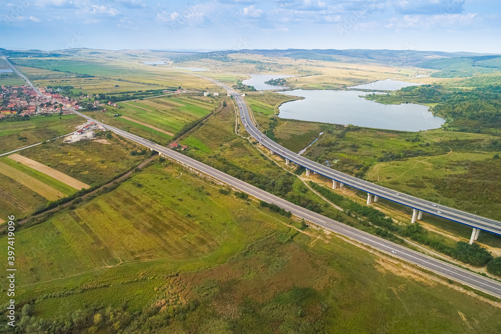 Aerial view of A1 Transylvania Highway between Sibiu and Sebes with ...