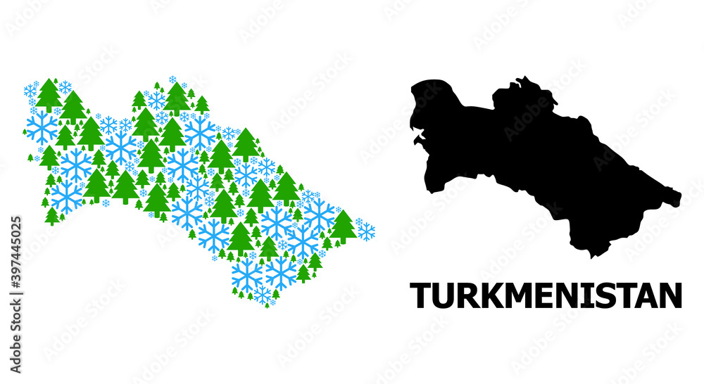 Vector mosaic map of Turkmenistan designed for New Year, Christmas, and ...