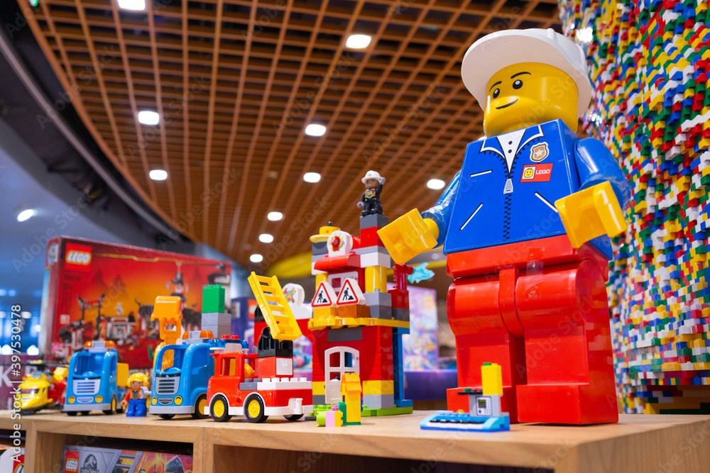 View of Lego store in Hamad International Airport. Lego is a line of ...