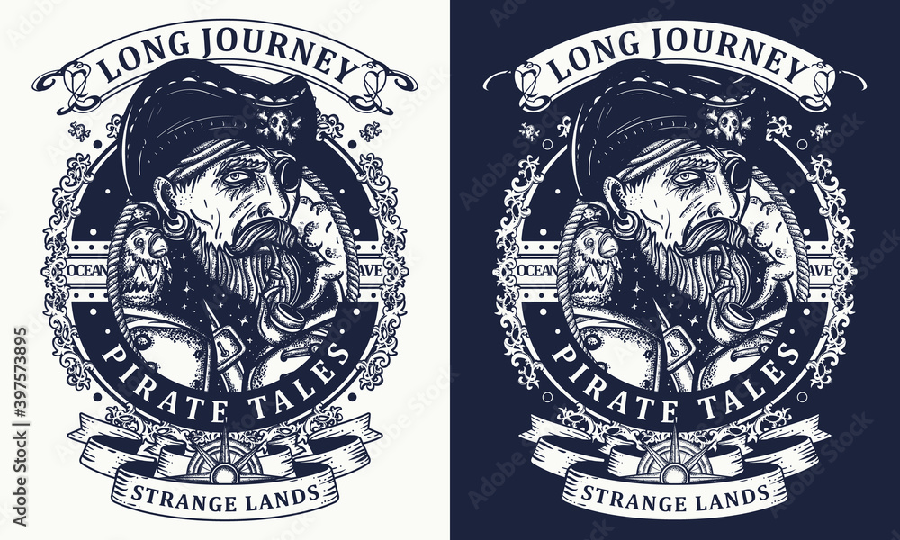 Vetor Old pirate captain smocking pipe. Elderly sea wolf, parrot ...