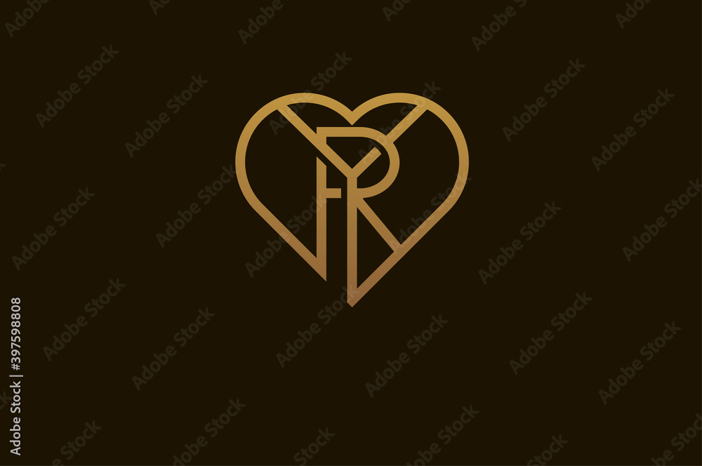 Abstract initials R and Y logo, gold colour line style heart and letter ...