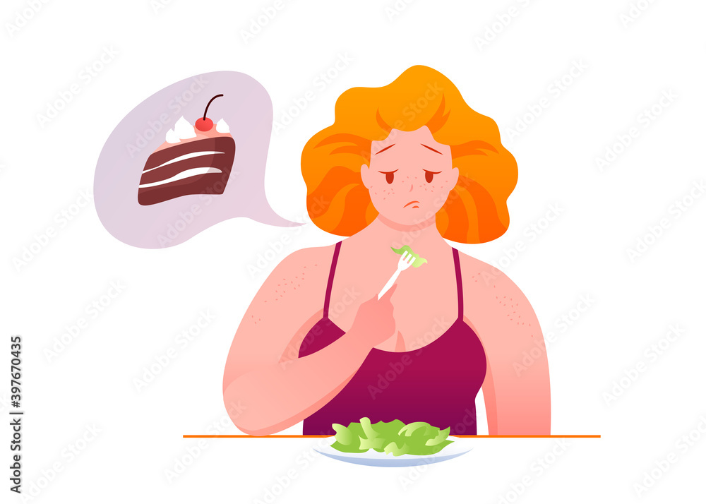 Sad fat woman eats green salad vector illustration. Cartoon woman ...